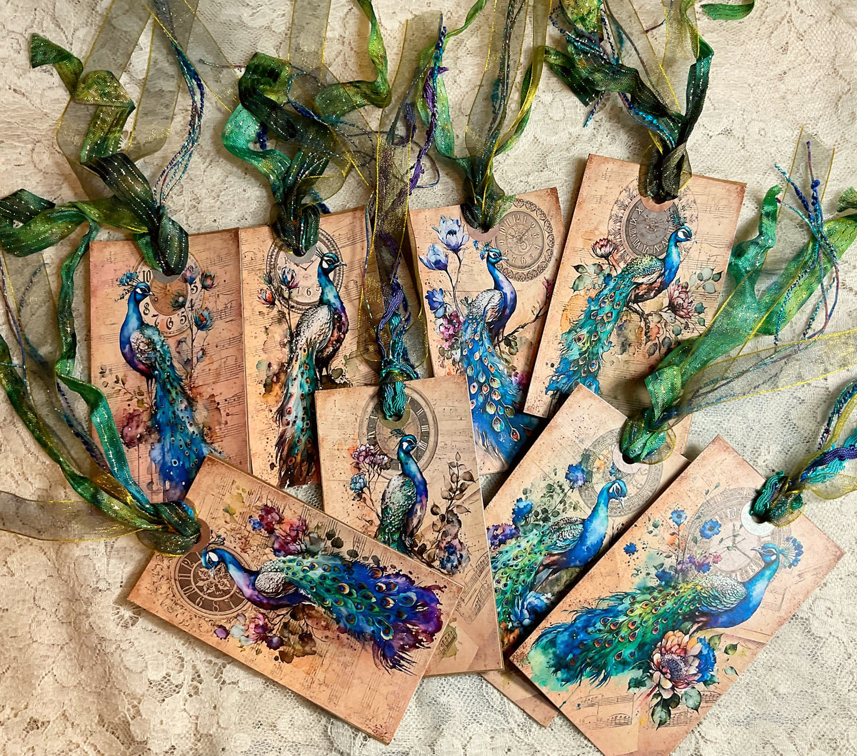 Bookmarks, 2.50” x 4.75”, Peacocks' Hang tags, embellished, ribbons, a ...